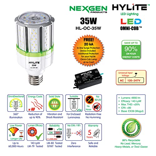 HyLite LED Lighting 35W High Performance LED Omni-Cob Lamp, 360º, (~175W HID), 50K, 4800 lm, 120~347V for Commercial Industrial Lighting Warehouse High Bay Light Fixture Garage Workshop, White