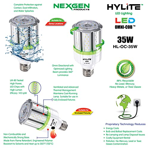 HyLite LED Lighting 35W High Performance LED Omni-Cob Lamp, 360º, (~175W HID), 50K, 4800 lm, 120~347V for Commercial Industrial Lighting Warehouse High Bay Light Fixture Garage Workshop, White