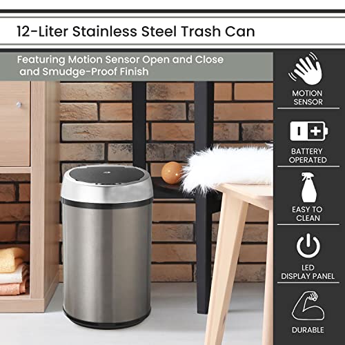 Hanover 12-Liter / 3.1-Gallon Stainless Steel 12 Liter-3.1 Gallon Home and Kitchen | Fingerprint Smudge Resistant | Soft Close | Sensor Lid, 12L Trash Can 3