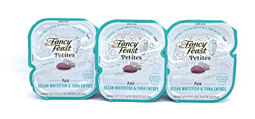 Fancy Feast Petites Cat Food Ocean Whitefish Flavor Bundle Includes (3) Each: Ocean Whitefish & Tuna Pate (2.8 oz), Ocean Whitefish with Tomato in Gravy(2.8 oz) & Catnip Toy