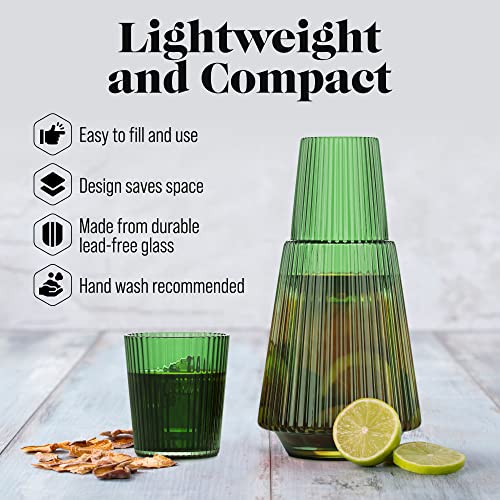 American Atelier Vintage Bedside Water Carafe with Tumbler – 37 Oz Ribbed Pitcher and Matching Drinking Glass Doubles as Lid for Guest Room, Office, or Gift, 4.5”x 9.25" (Green)