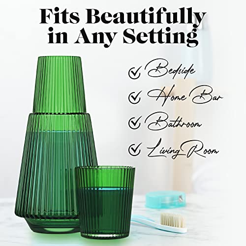 American Atelier Vintage Bedside Water Carafe with Tumbler – 37 Oz Ribbed Pitcher and Matching Drinking Glass Doubles as Lid for Guest Room, Office, or Gift, 4.5”x 9.25" (Green)