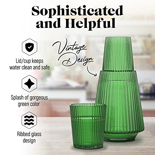 American Atelier Vintage Bedside Water Carafe with Tumbler – 37 Oz Ribbed Pitcher and Matching Drinking Glass Doubles as Lid for Guest Room, Office, or Gift, 4.5”x 9.25" (Green)