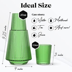 American Atelier Vintage Bedside Water Carafe with Tumbler – 37 Oz Ribbed Pitcher and Matching Drinking Glass Doubles as Lid for Guest Room, Office, or Gift, 4.5”x 9.25" (Green)