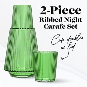 American Atelier Vintage Bedside Water Carafe with Tumbler – 37 Oz Ribbed Pitcher and Matching Drinking Glass Doubles as Lid for Guest Room, Office, or Gift, 4.5”x 9.25" (Green)