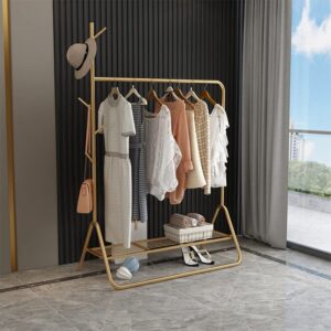 HKaikzo Gold Clothes Rack, Clothing Rack for Hanging Clothes, Boutique Garment Rack with Detachable Storage Shelves and Hat Hooks, for Bedroom Cloakroom (47.3" L)