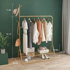 HKaikzo Gold Clothes Rack, Clothing Rack for Hanging Clothes, Boutique Garment Rack with Detachable Storage Shelves and Hat Hooks, for Bedroom Cloakroom (47.3" L)