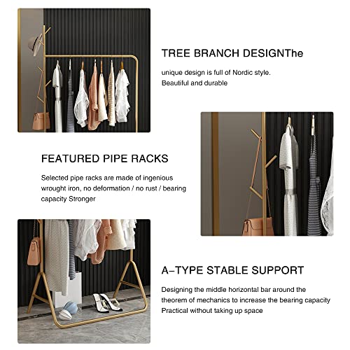 HKaikzo Gold Clothes Rack, Clothing Rack for Hanging Clothes, Boutique Garment Rack with Detachable Storage Shelves and Hat Hooks, for Bedroom Cloakroom (47.3" L)