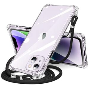 atusidun iphone 14 plus case clear soft slim shockproof tpu anti-scratch protective four corner protection case phone cover ajustable neck lanyard cord strap crossbody iphone14plus case - clear