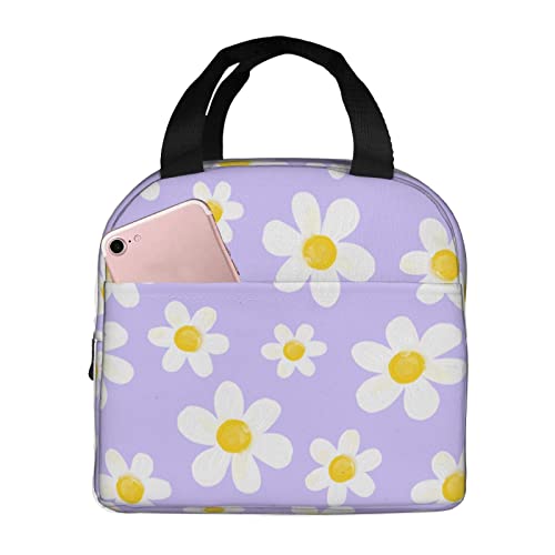 Lunch Bag White Daisy Flower Purple Insulated Lunch Box Reusable Bags Meal Portable Container Tote For WomenTravel Work Picnic Boxes