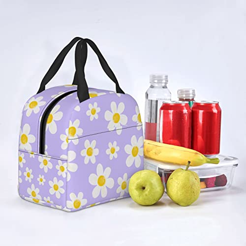 Lunch Bag White Daisy Flower Purple Insulated Lunch Box Reusable Bags Meal Portable Container Tote For WomenTravel Work Picnic Boxes