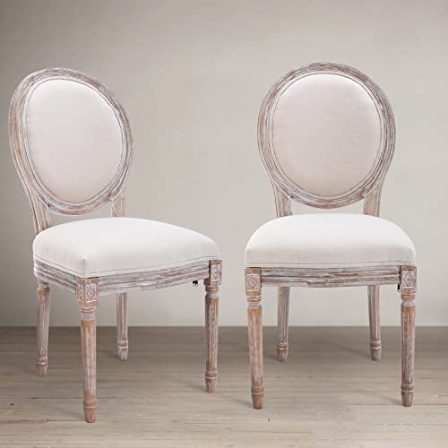 COLAMY French Country Dining Chairs Set of 2, Upholstered Farmhouse Dining Room Chairs with Round Back, Solid Wood Legs, Accent Side Chairs for Kitchen/Living Room/Bedroom- Classic Beige