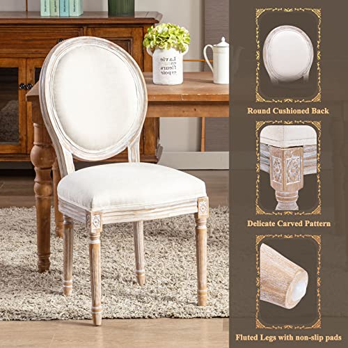 COLAMY French Country Dining Chairs Set of 2, Upholstered Farmhouse Dining Room Chairs with Round Back, Solid Wood Legs, Accent Side Chairs for Kitchen/Living Room/Bedroom- Classic Beige