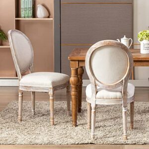 COLAMY French Country Dining Chairs Set of 2, Upholstered Farmhouse Dining Room Chairs with Round Back, Solid Wood Legs, Accent Side Chairs for Kitchen/Living Room/Bedroom- Classic Beige