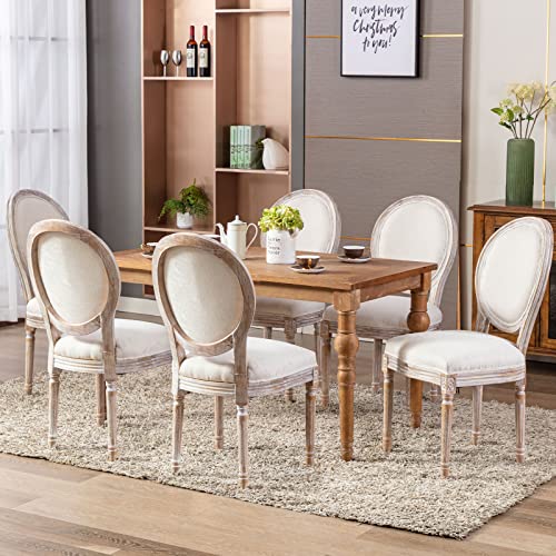 COLAMY French Country Dining Chairs Set of 2, Upholstered Farmhouse Dining Room Chairs with Round Back, Solid Wood Legs, Accent Side Chairs for Kitchen/Living Room/Bedroom- Classic Beige