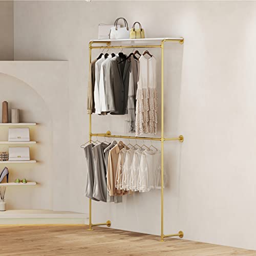 96.5”H Wall Mounted Clothe Rack, Gold Industrial Pipe Clothing Rack with Shelves Closet Rods System for Hanging Clothes Rack Multi-purpose Heavy Duty Hanging Rod