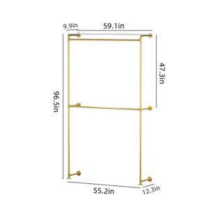 96.5”H Wall Mounted Clothe Rack, Gold Industrial Pipe Clothing Rack with Shelves Closet Rods System for Hanging Clothes Rack Multi-purpose Heavy Duty Hanging Rod