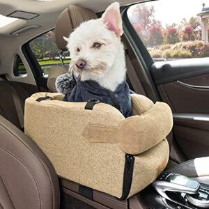 yokee dog car seat for small dogs-pet seats dogs up to 12 ib, console pet with storage pocket, interactive center fit single/double door armrest, khaki yg003-kk