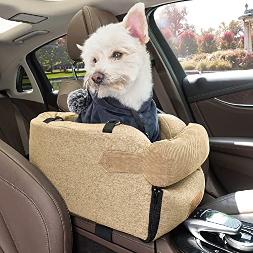 Yokee Dog Car Seat for Small Dogs-Pet Seats Dogs Up to 12 IB, Console Pet with Storage Pocket, Interactive Center Fit Single/Double Door Armrest, Khaki YG003-KK