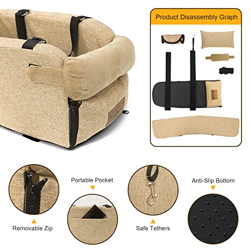 Yokee Dog Car Seat for Small Dogs-Pet Seats Dogs Up to 12 IB, Console Pet with Storage Pocket, Interactive Center Fit Single/Double Door Armrest, Khaki YG003-KK