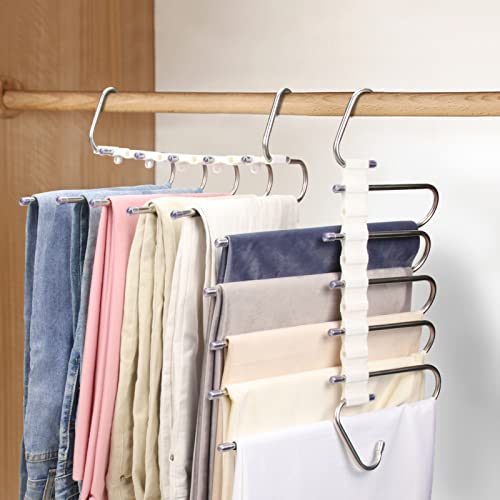 Pants Hangers Space Saving, 4 Pack Non-Slip Pants Rack Hanger Organizer for Closet, Stainless Steel Multiple Layers Multifunctional Pants Organizer for Clothes, Pants, Jeans, Scarf, Trousers