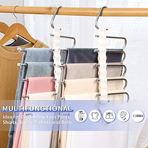 Pants Hangers Space Saving, 4 Pack Non-Slip Pants Rack Hanger Organizer for Closet, Stainless Steel Multiple Layers Multifunctional Pants Organizer for Clothes, Pants, Jeans, Scarf, Trousers