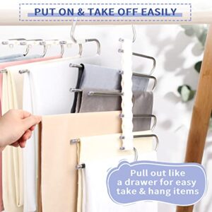 Pants Hangers Space Saving, 4 Pack Non-Slip Pants Rack Hanger Organizer for Closet, Stainless Steel Multiple Layers Multifunctional Pants Organizer for Clothes, Pants, Jeans, Scarf, Trousers