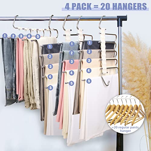 Pants Hangers Space Saving, 4 Pack Non-Slip Pants Rack Hanger Organizer for Closet, Stainless Steel Multiple Layers Multifunctional Pants Organizer for Clothes, Pants, Jeans, Scarf, Trousers