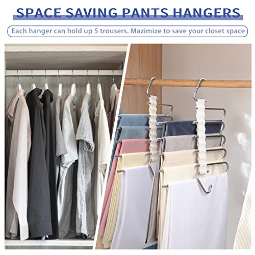 Pants Hangers Space Saving, 4 Pack Non-Slip Pants Rack Hanger Organizer for Closet, Stainless Steel Multiple Layers Multifunctional Pants Organizer for Clothes, Pants, Jeans, Scarf, Trousers