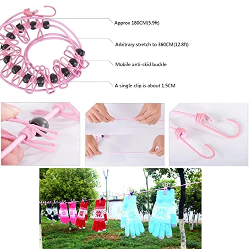 Travel Clothesline,Portable Clothesline with 12pcs Clips,Camping Clothesline for Outdoor and Indoor Use (Pink)