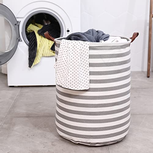 Freestanding Laundry Basket, 63L Freestanding Waterproof Clothes Basket, Collapsible Round Bohemia Storage Organizer with Leather Handles for Dirty Clothes, Home Storage (Grey)