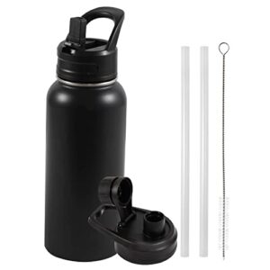 insulated water bottle, 32oz vacuum stainless steel metal sports water bottles with stickers, straw & spout lid (2 lids), double walled to keeps hot and cold, leak proof, bpa-free, 32oz (black)