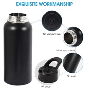 Insulated Water Bottle, 32oz Vacuum Stainless Steel Metal Sports Water Bottles with Stickers, Straw & Spout Lid (2 Lids), Double Walled to Keeps Hot and Cold, Leak Proof, BPA-Free, 32oz (Black)