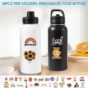 Insulated Water Bottle, 32oz Vacuum Stainless Steel Metal Sports Water Bottles with Stickers, Straw & Spout Lid (2 Lids), Double Walled to Keeps Hot and Cold, Leak Proof, BPA-Free, 32oz (Black)