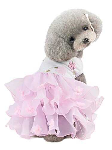 QWINEE Dog Dresses Pets Flower Mesh Dog Tutu Dress Birthday Wedding Party Dog Clothes for Cat Puppy Small Medium Dog Pink L