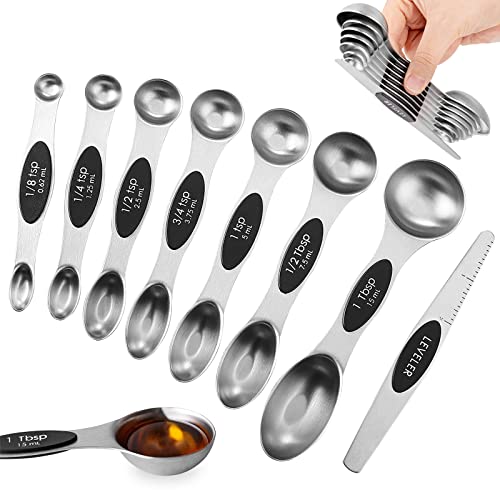 FGSAEOR Magnetic Measuring Spoons Set, Dual Sided, Stainless Steel, Fits in Spice Jars, Black, Set of 8