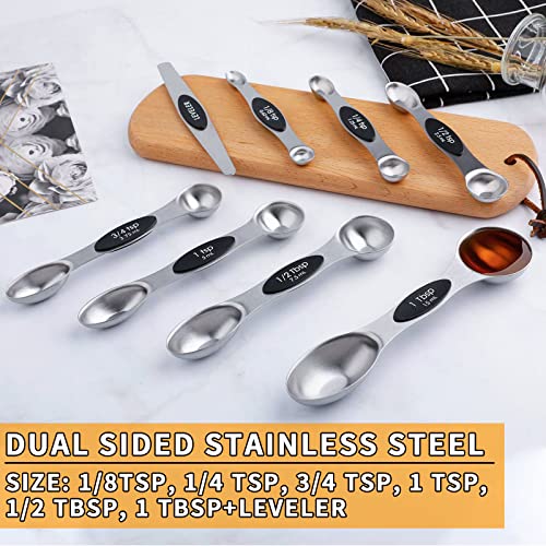 FGSAEOR Magnetic Measuring Spoons Set, Dual Sided, Stainless Steel, Fits in Spice Jars, Black, Set of 8