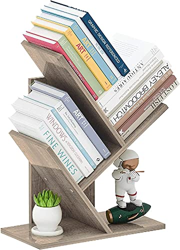 ZRWD Tree Bookshelf, 3-Tier Book Storage Organizer Shelves Floor Standing Bookcase, Wood Storage Rack for Office Home School Shelf Display for Cd/Magazine（French Oak Grey）