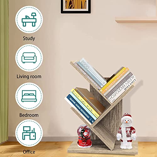 ZRWD Tree Bookshelf, 3-Tier Book Storage Organizer Shelves Floor Standing Bookcase, Wood Storage Rack for Office Home School Shelf Display for Cd/Magazine（French Oak Grey）