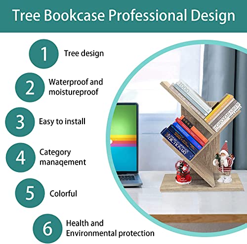 ZRWD Tree Bookshelf, 3-Tier Book Storage Organizer Shelves Floor Standing Bookcase, Wood Storage Rack for Office Home School Shelf Display for Cd/Magazine（French Oak Grey）