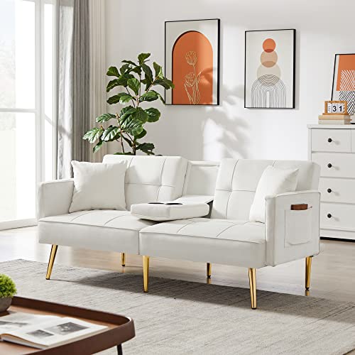 Antetek Convertible Futon Sofa Bed, 69-inch Modern Tufted Velvet Sleeper Sofa Couch Oversized Loveseat Sofa w/3 Adjustable Positions, 6 Metal Legs and Cup Holder for Living Room Bedroom Office, White