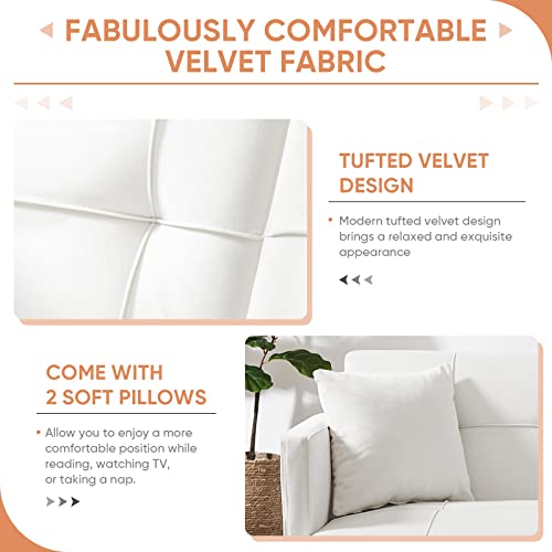 Antetek Convertible Futon Sofa Bed, 69-inch Modern Tufted Velvet Sleeper Sofa Couch Oversized Loveseat Sofa w/3 Adjustable Positions, 6 Metal Legs and Cup Holder for Living Room Bedroom Office, White