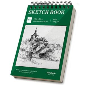 sketcheria 5.5x8.5” heavy-weight sketch book (68lb/100g) acid free,100 sheets sketch pad, spiral bound drawing paper for artist,kids, drawing book for marker,colored pencil,charcoal,pastels