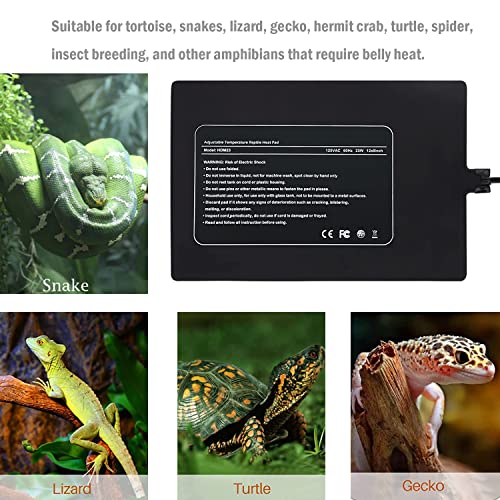 XIEHUZA Reptile Heating Pad, 23W Temperature Adjustable Under Tank Heater with Adhesive for 30-40gal Tank, Waterproof Heat Mat for Turtle, Lizard, Snake, Reptile, and Other Small Animals, 12x8 inch