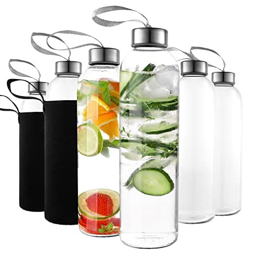 Kitchen Lux 24oz Glass Water Bottles – Pack of 6 - Nylon Protective Sleeves, Airtight Screw Top Lids, Portable Carrying Loops - Lead, PVC and BPA Free - Water, Smoothie, Juicer, and Beverage Glasses