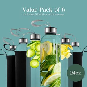 Kitchen Lux 24oz Glass Water Bottles – Pack of 6 - Nylon Protective Sleeves, Airtight Screw Top Lids, Portable Carrying Loops - Lead, PVC and BPA Free - Water, Smoothie, Juicer, and Beverage Glasses