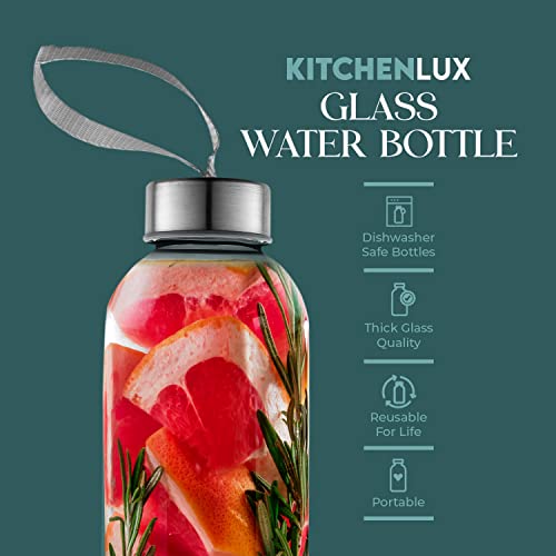 Kitchen Lux 24oz Glass Water Bottles – Pack of 6 - Nylon Protective Sleeves, Airtight Screw Top Lids, Portable Carrying Loops - Lead, PVC and BPA Free - Water, Smoothie, Juicer, and Beverage Glasses