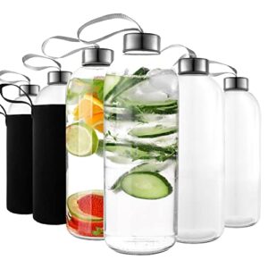 kitchen lux 32 oz glass water bottle set of 6 - glass water bottles caps & sleeve, reusable glass bottle lids, clear glass bottles, refillable glass juice bottles for juicing, juicer bottles