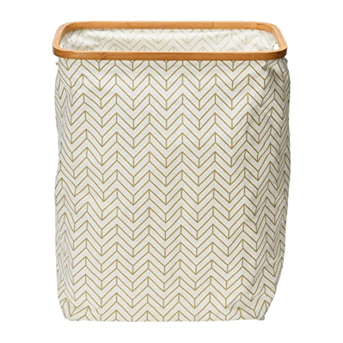 Household Essentials Bamboo Rimmed Rectangle Krush Hamper with Cutout Handles, Tan Chevron