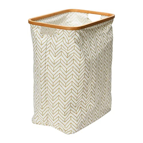 Household Essentials Bamboo Rimmed Rectangle Krush Hamper with Cutout Handles, Tan Chevron